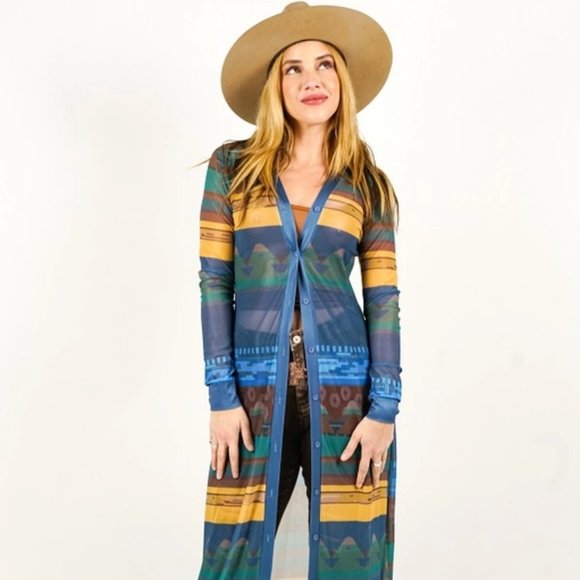 Lucky & Blessed | Other | Blue Serape Mesh Button Down Maxi Duster ...